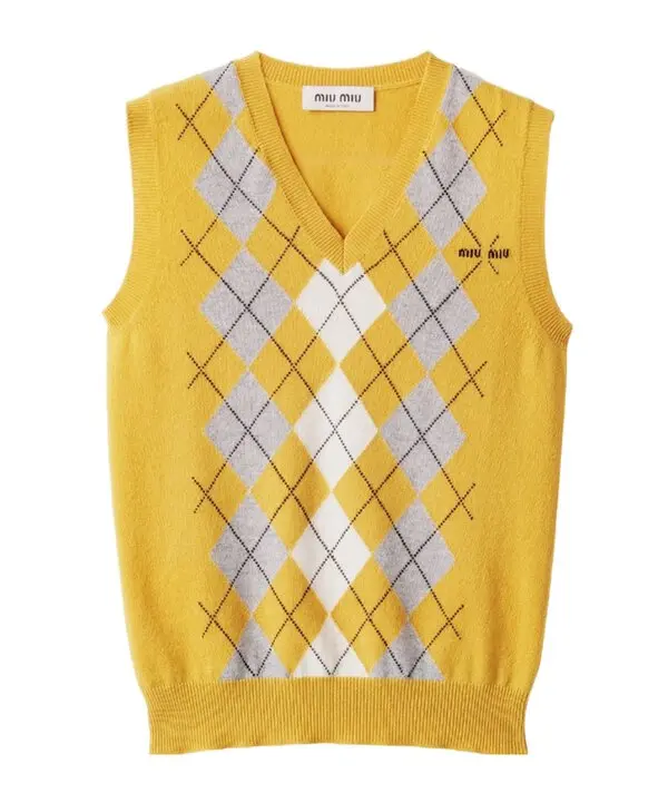 Miu Miu Checked V-neck Knitted Vest - Yellow
