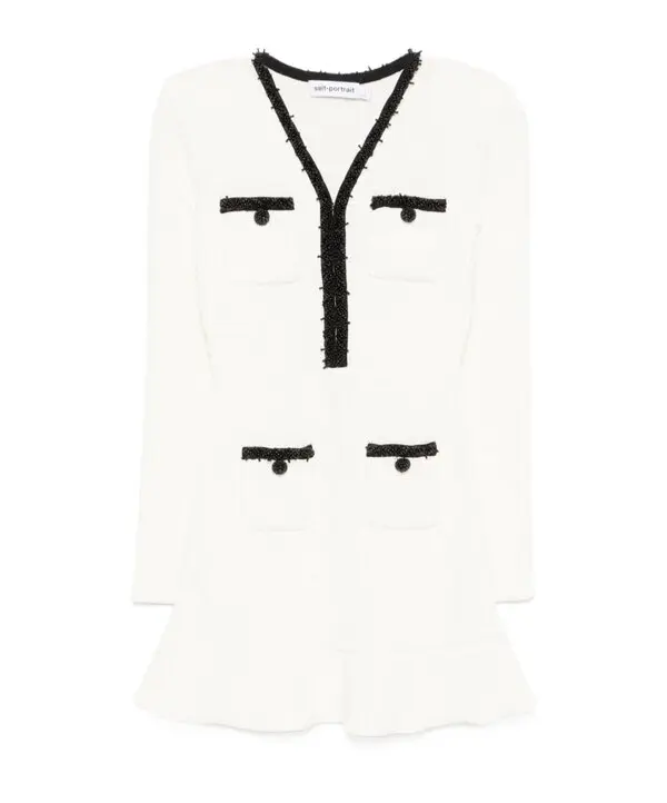 SELF-PORTRAIT Bead-detailed Long-sleeved Mini Dress - White