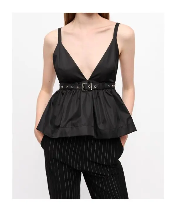 GANNI Strappy Peplum Top With Deep V-neckline And Eyelet Belt