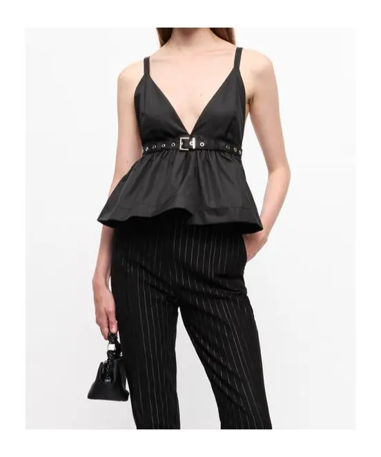 GANNI Strappy Peplum Top With Deep V-neckline And Eyelet Belt