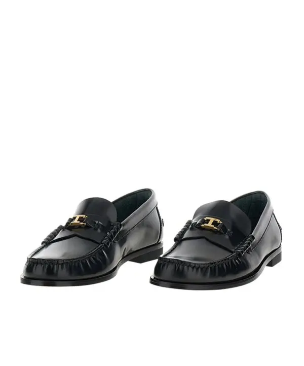 TOD'S Gathered Toe Loafers With Metallic T Detail - Black
