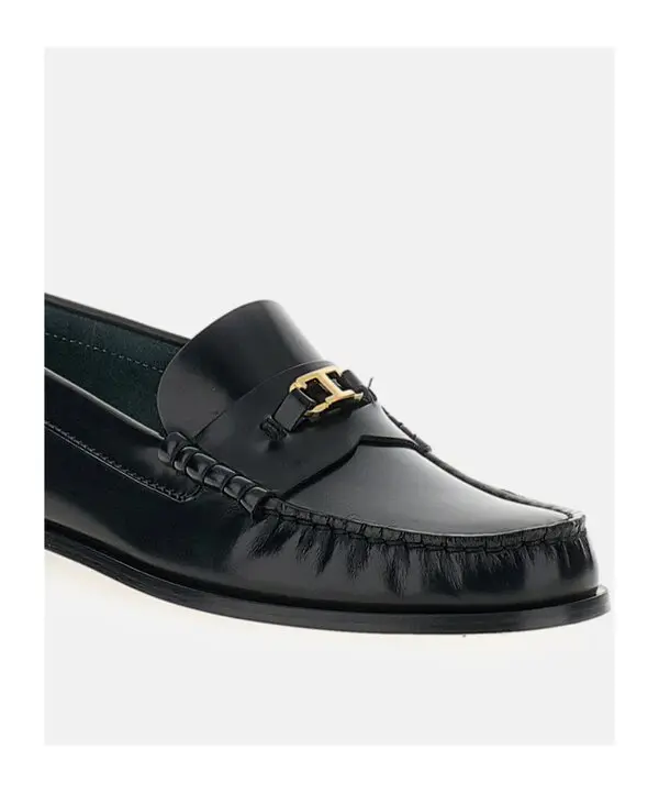 TOD'S Gathered Toe Loafers With Metallic T Detail - Black