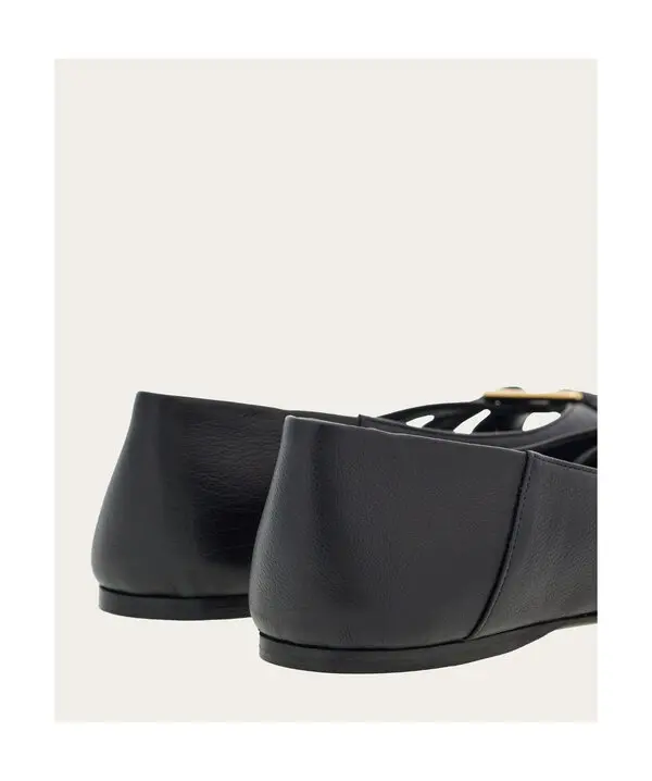 FERRAGAMO Round Toe Slip-on Flats With Gold Gancio Buckle