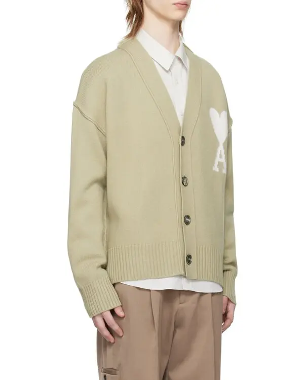 AMI Paris De Cœur Logo Intarsia Knitted Cardigan - Green