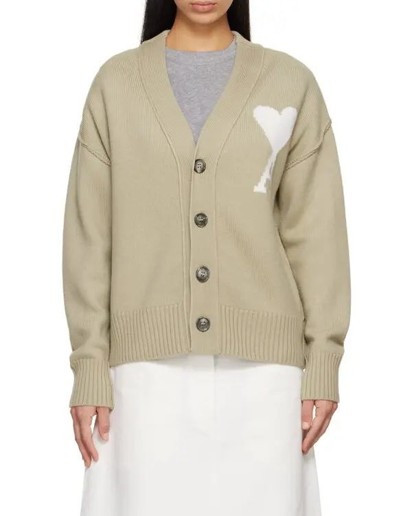 AMI Paris De Cœur Logo Intarsia Knitted Cardigan - Green