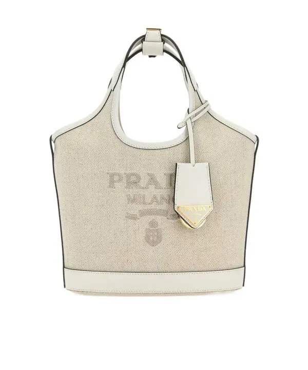 Prada Logo Print Mini Bucket Bag - Tan / White