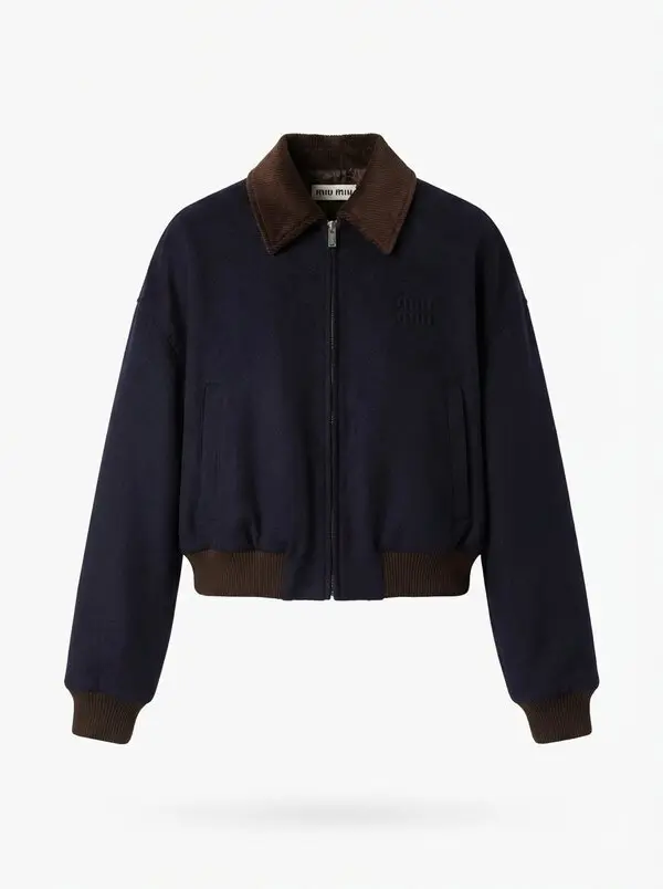 Miu Miu Navy Cropped Bomber Jacket With Brown Corduroy Collar