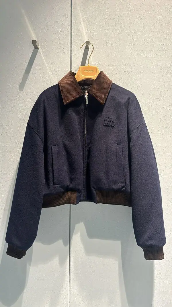 Miu Miu Navy Cropped Bomber Jacket With Brown Corduroy Collar