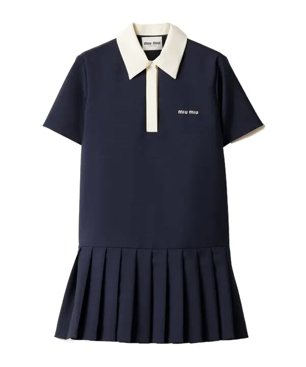 Miu Miu Logo-embroidered Pleated Dress - Navy Blue
