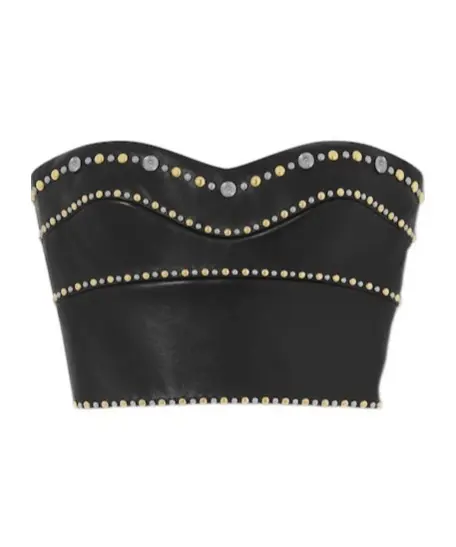 Versace Off-shoulder Leather Corset Top With Medusa Buttons