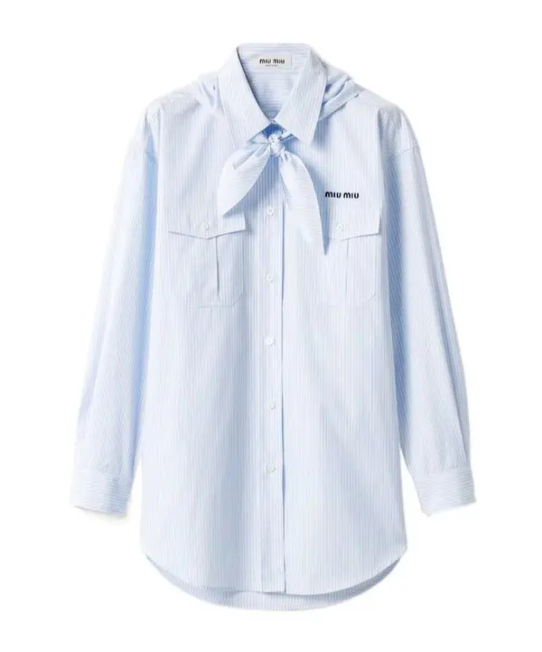 Miu Miu Striped Cotton Poplin Shirt With Embroidered Logo And Tie Detail - Light Blue