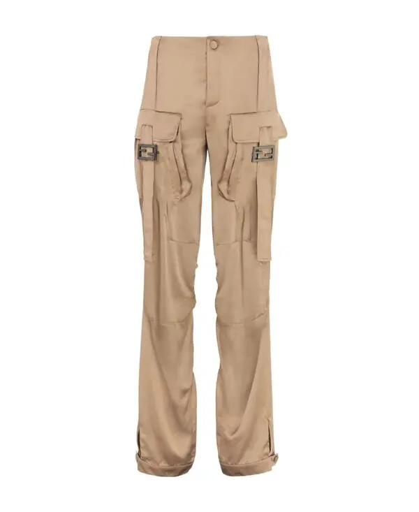Fendi Low Rise Satin Cargo Pants With Ff Buckle Detail - Brown