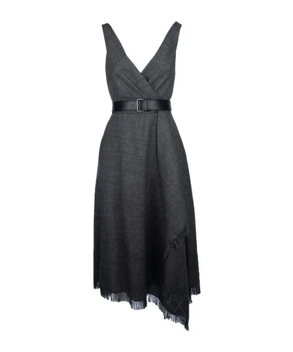 Dior V-neck Belted Fringed Edge Dress - No