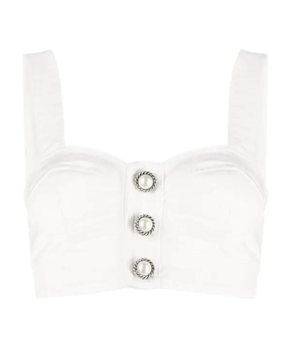 Alessandra Rich Cropped Pearl Button Blouse - White
