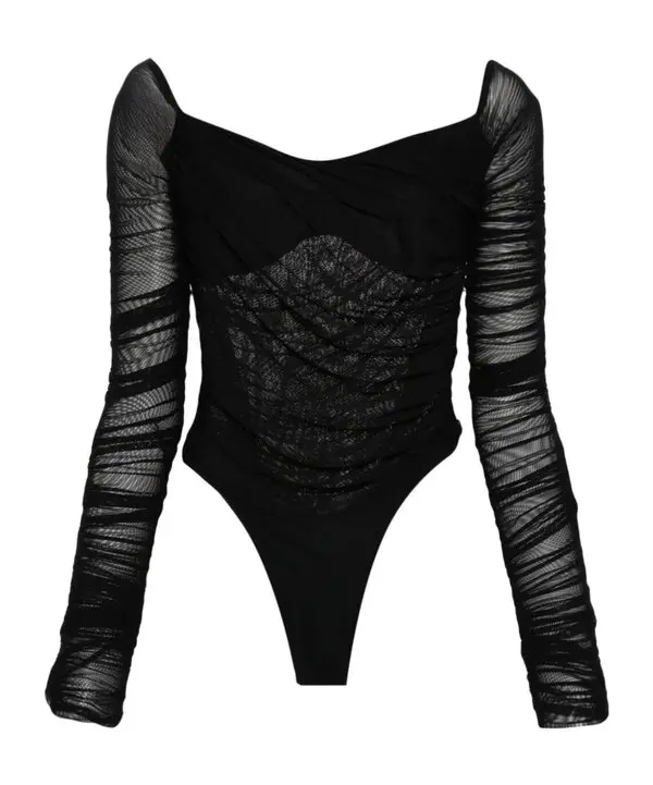 MUGLER Ruched Tulle Bodysuit - Black