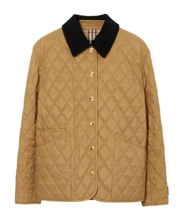 Burberry Diamond Quilted Button-up Jacket With Corduroy Collar - Camel