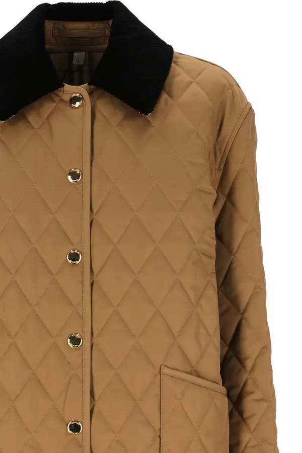 Burberry Diamond Quilted Button-up Jacket With Corduroy Collar - Camel