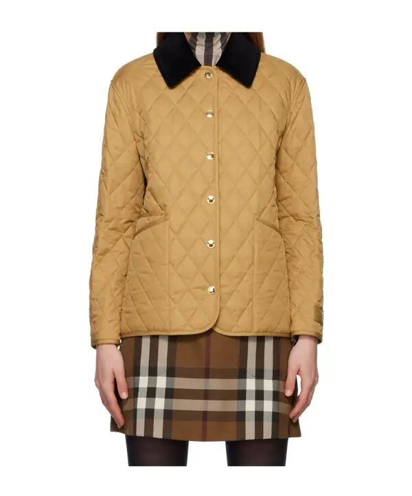 Burberry Diamond Quilted Button-up Jacket With Corduroy Collar - Camel