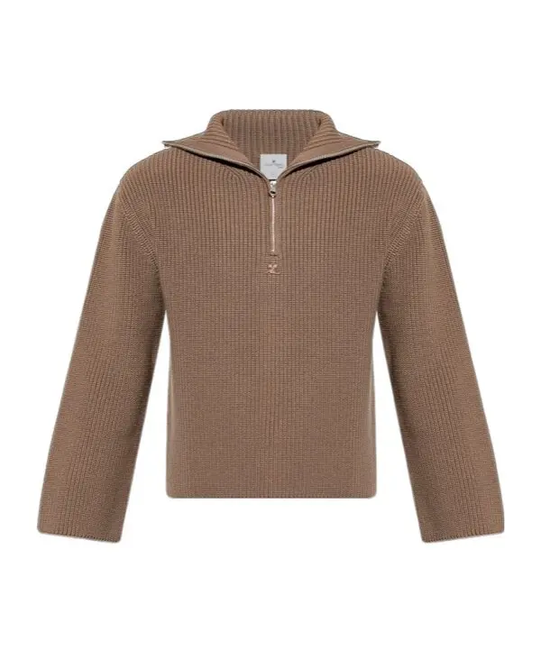 COURREGES Ribbed Long Sleeve Sweater With Quarter Zip