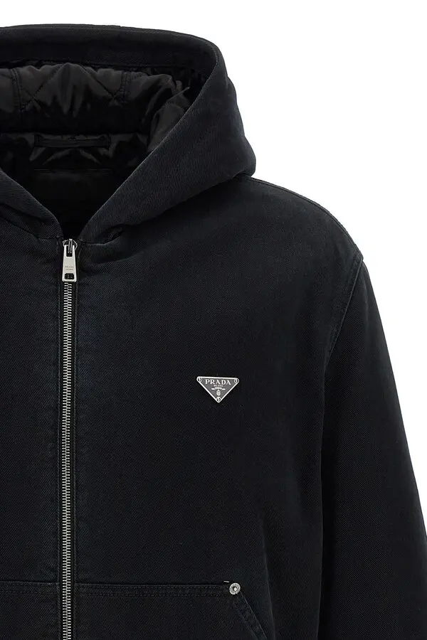 Prada Logo Plaque Zip-up Hooded Jacket