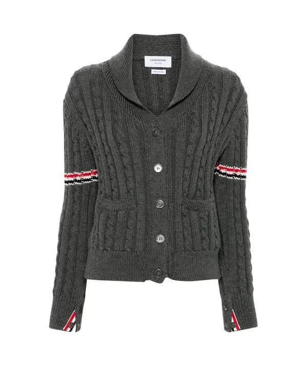 Thom Browne Rwb-stripe Cable-knit Cardigan - Medium Gray