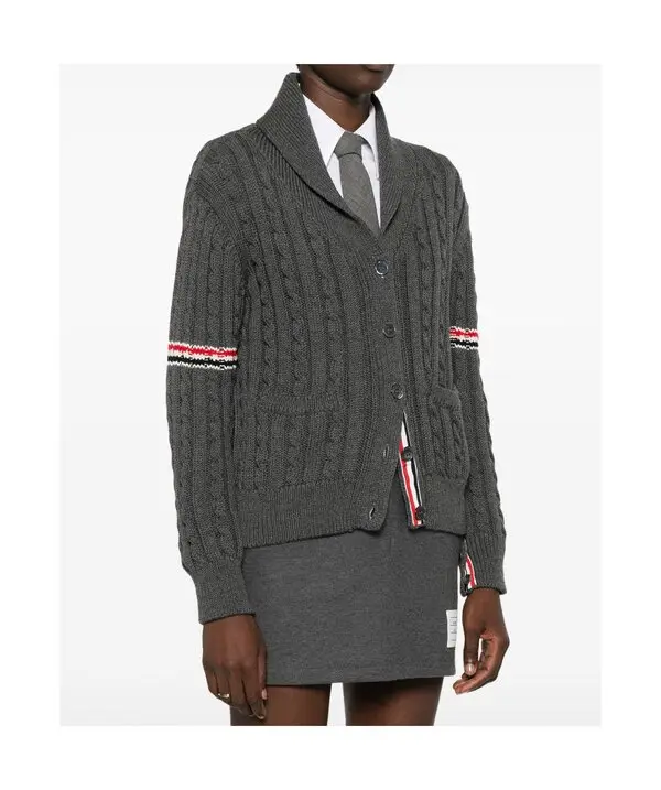 Thom Browne Rwb-stripe Cable-knit Cardigan - Medium Gray