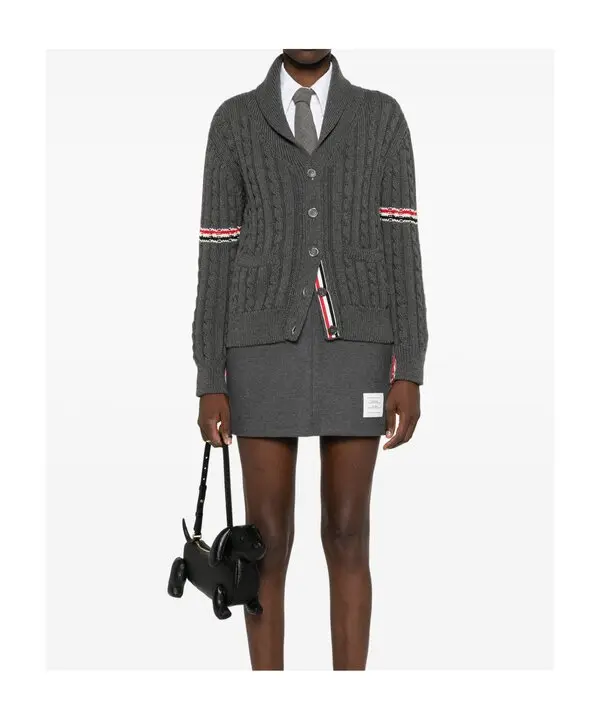 Thom Browne Rwb-stripe Cable-knit Cardigan - Medium Gray
