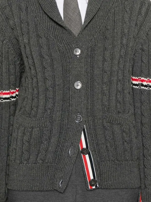 Thom Browne Rwb-stripe Cable-knit Cardigan - Medium Gray