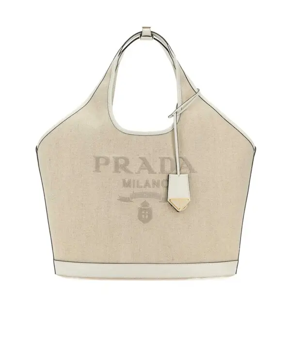 Prada Logo Detailed Large Top Handle Bag - Tan / White