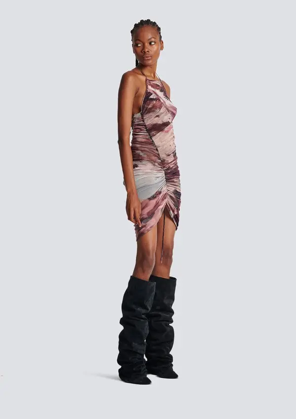 Balmain Abstract Print Ruched Halterneck Dress