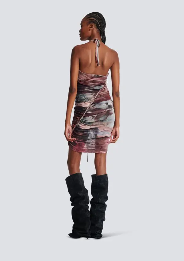 Balmain Abstract Print Ruched Halterneck Dress