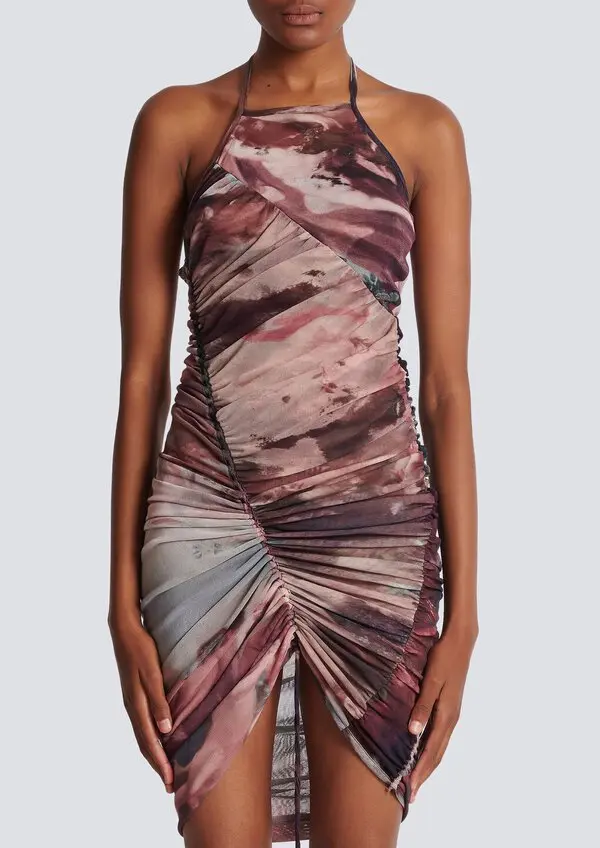 Balmain Abstract Print Ruched Halterneck Dress