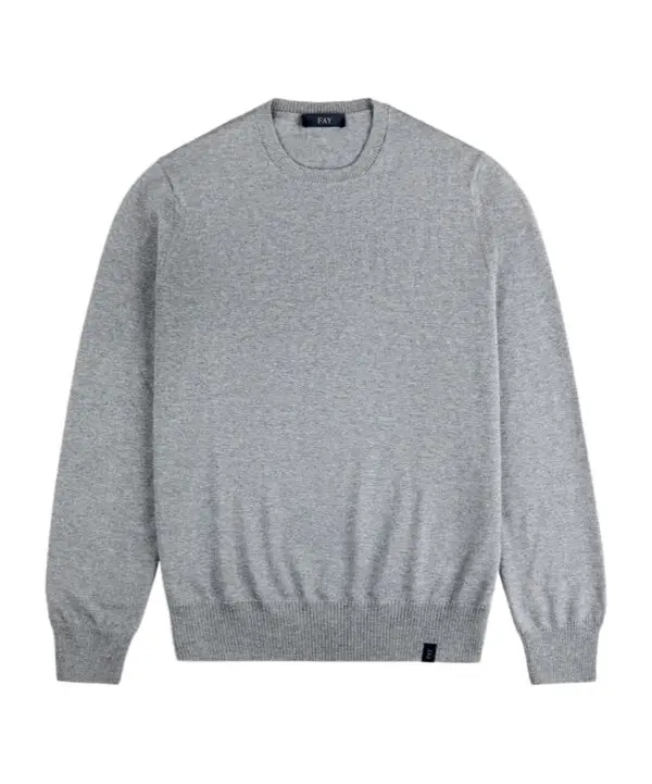 FAY Round Neck Wool Knitwear With Logo Detail - Grey