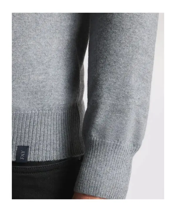 FAY Round Neck Wool Knitwear With Logo Detail - Grey