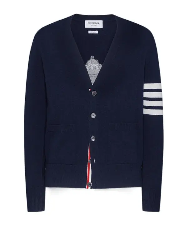Thom Browne 4-bar V-neck Cardigan With Graphic Detail - Navy Blue