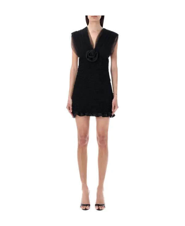 Alessandra Rich V-neck Mini Dress With Floral Appliqu