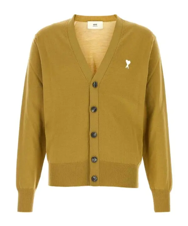 Ami V-neck Cardigan With Ribbed Details - Brown