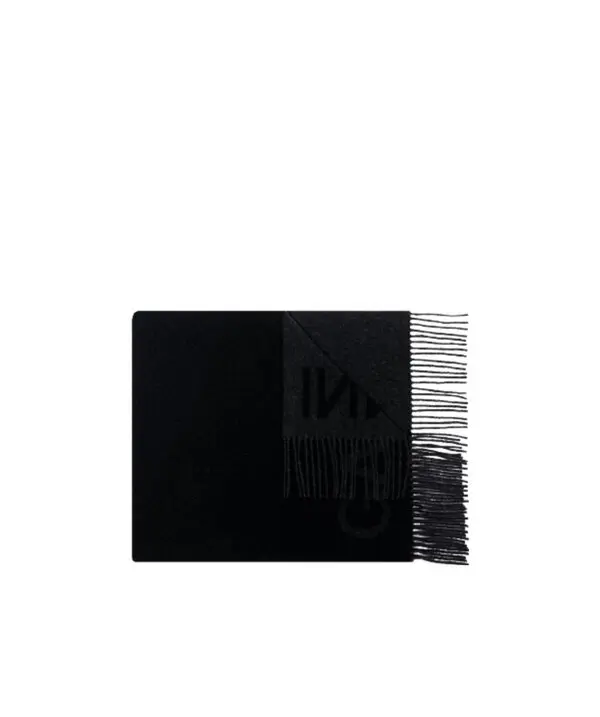 GANNI Logo Detailed Fringed Scarf - Black
