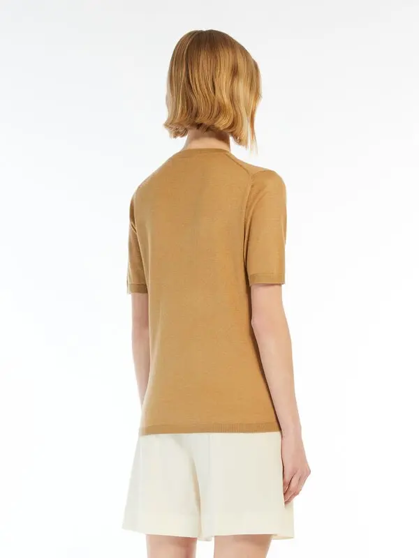 Max Mara Crewneck Knitted Top With Short Sleeves And Ribbed Trim - Camel