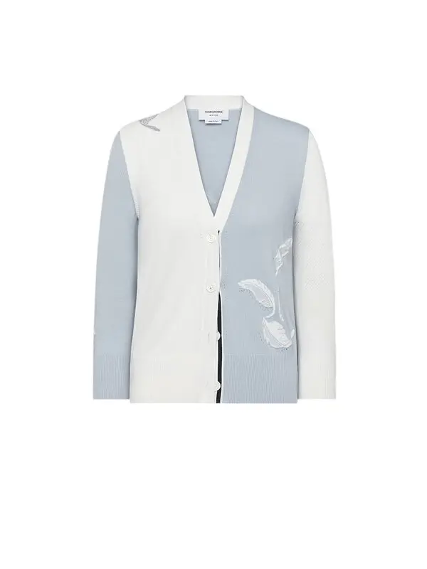 Thom Browne Feather Intarsia Pointelle Relaxed Fit V-neck Cardigan - White