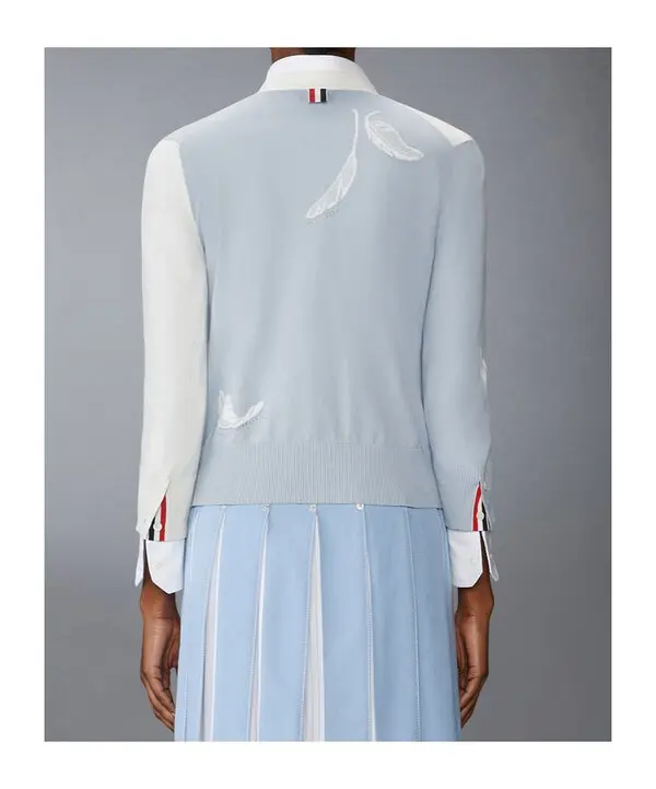 Thom Browne Feather Intarsia Pointelle Relaxed Fit V-neck Cardigan