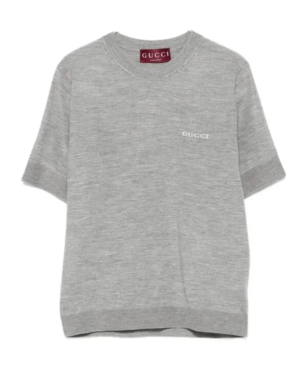 Gucci Cashmere Silk Top With Embroidered Logo - Grey