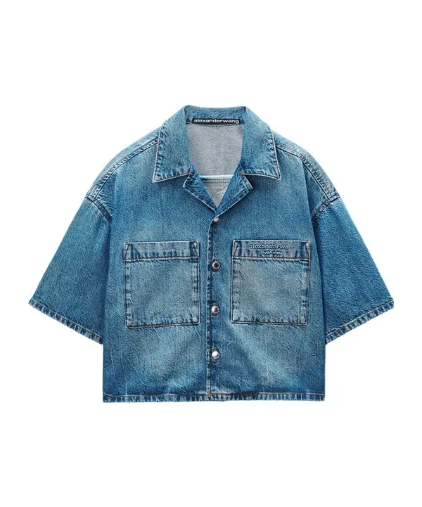 Alexander Wang Cropped Denim Shirt With Logo Pocket - Blue