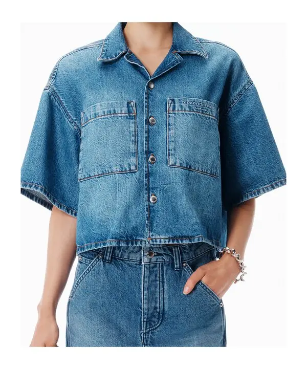 Alexander Wang Cropped Denim Shirt With Logo Pocket