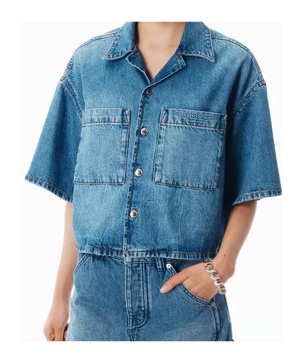 Alexander Wang Cropped Denim Shirt With Logo Pocket