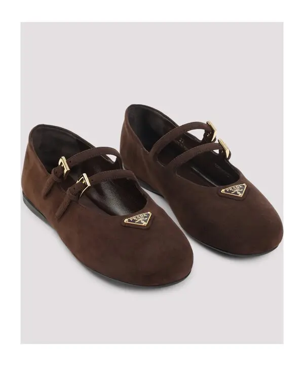 Prada Double-buckle Suede Ballet Flats - Brown