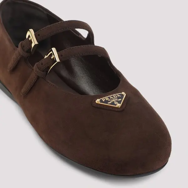 Prada Double-buckle Suede Ballet Flats - Brown