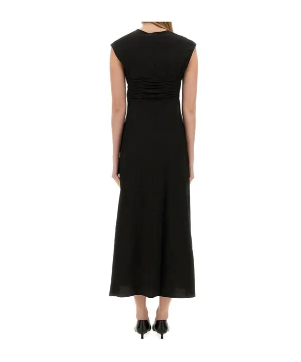 ALYSI V-neck Poplin Maxi Dress With Pleated Details - Black