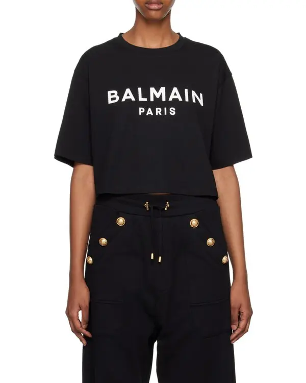 Balmain Logo Printed Cropped T-shirt - Black