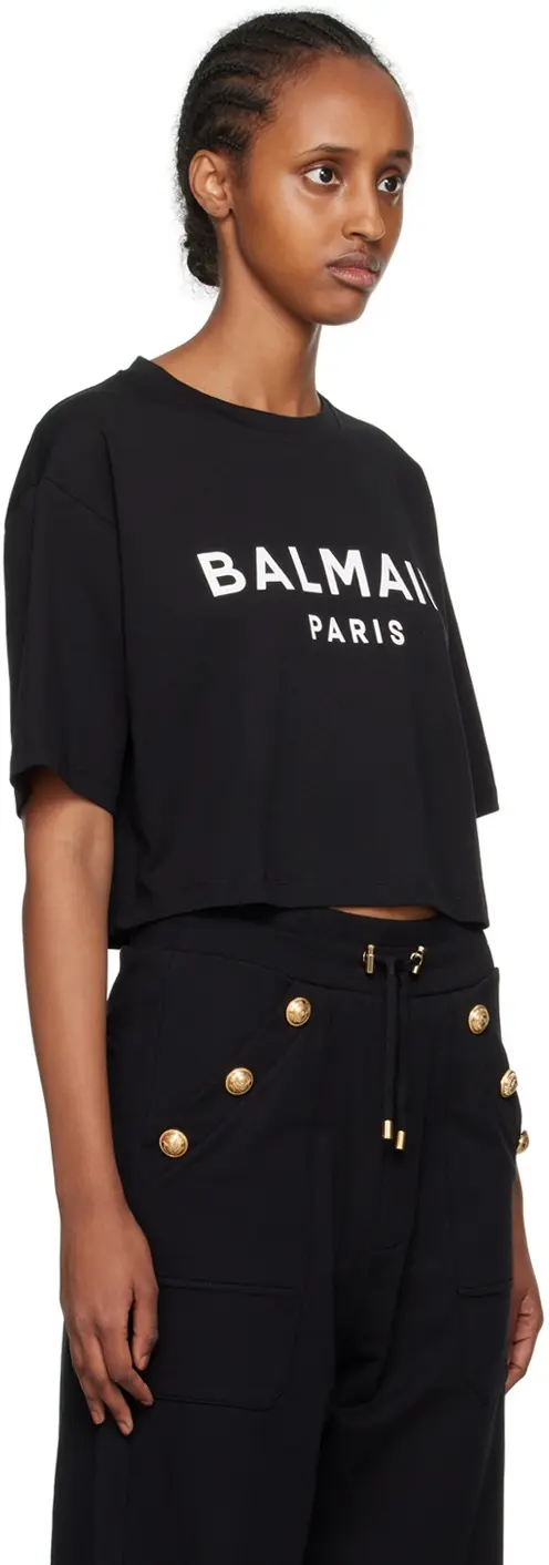 Balmain Logo Printed Cropped T-shirt - Black